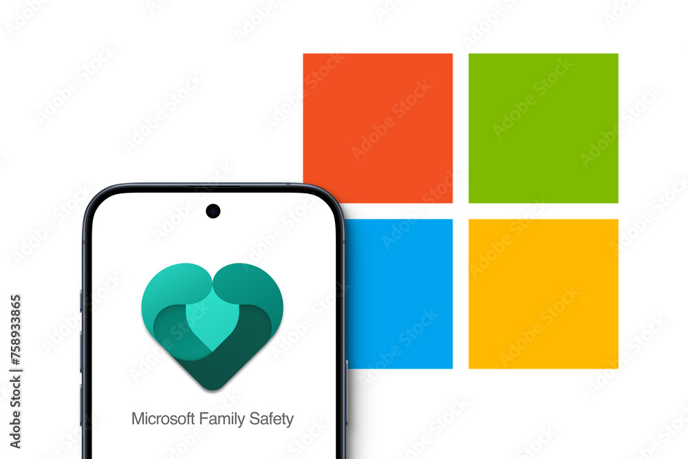 Microsoft Family Safety logo is displayed on a modern smartphone ...