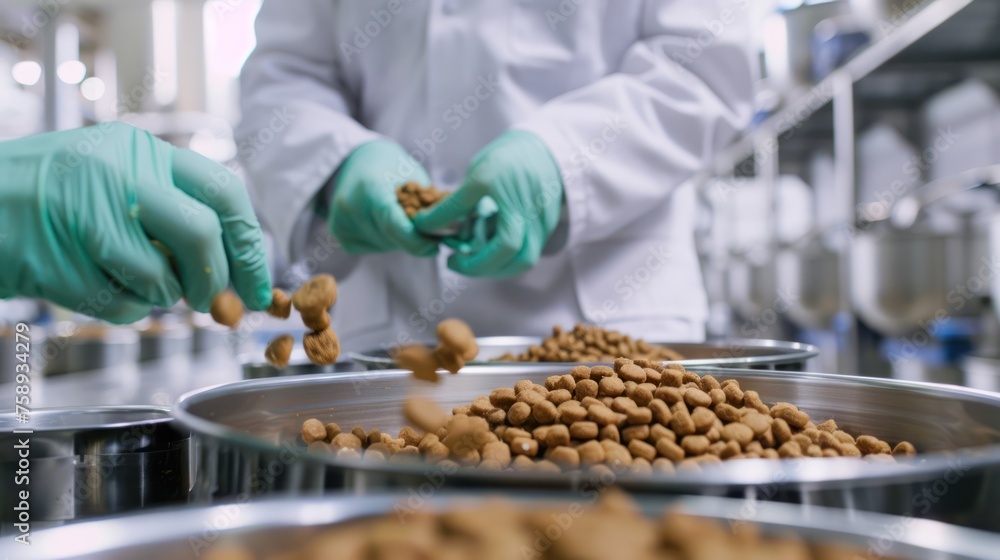 a human working as a pet food taster in a pet food manufacturing ...