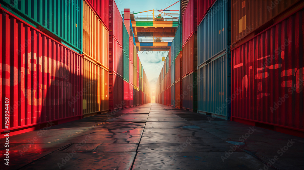 The low angle captures the towering walls of red and blue shipping ...