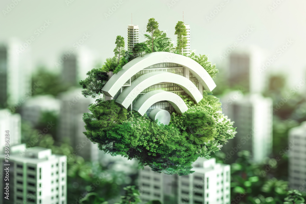 3D wifi symbol with commercial building and greenery. Wireless network ...