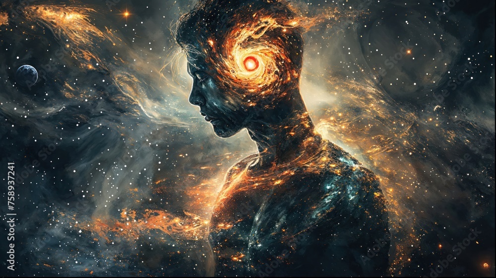 The profile of a human head is set against a galactic backdrop ...