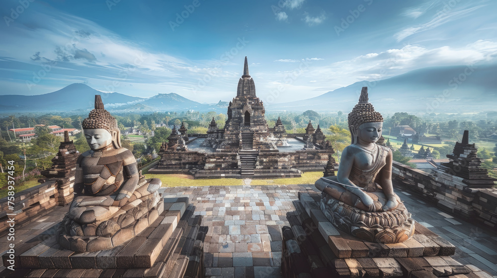 Multiple Buddha statues seated on top of a stone structure Stock Photo ...