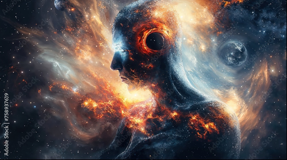 Captivating portrayal of a child's face merged with cosmic elements ...