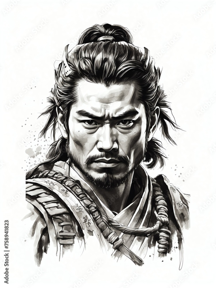 A japanese samurai warrior hand drawn sketch portrait on plain white background from Generative ...