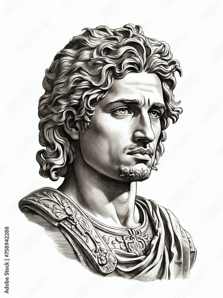 Alexander the Great hand drawn sketch portrait on plain white ...
