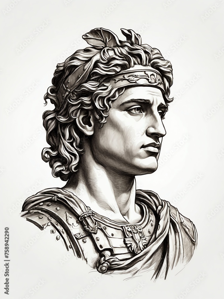 Alexander the Great hand drawn sketch portrait on plain white ...