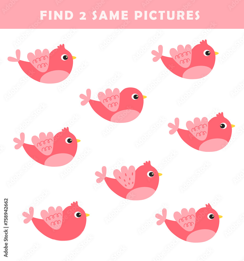 Find 2 same birds .Puzzle game for children. Preschool worksheet ...