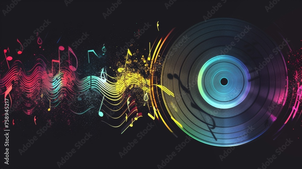 Vintage vinyl record concept with musical notes and sound waves on a ...