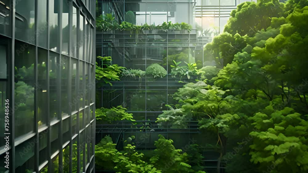 Architecture a modern glass building with a lot of green plants trees ...
