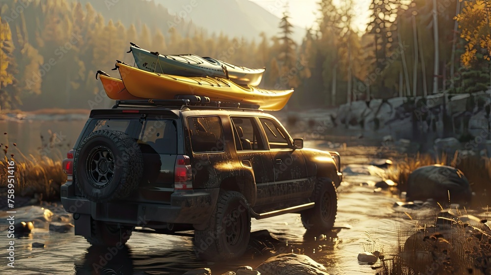 SUV with kayaks on the roof rack. Natural light highlights the texture ...