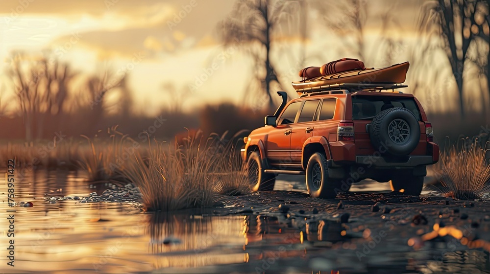 SUV with kayaks on the roof rack. Natural light highlights the texture ...