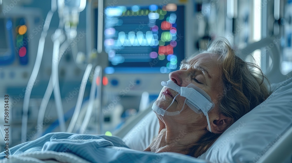 Middle aged woman lies in a coma in a hospital ward, connected to life ...