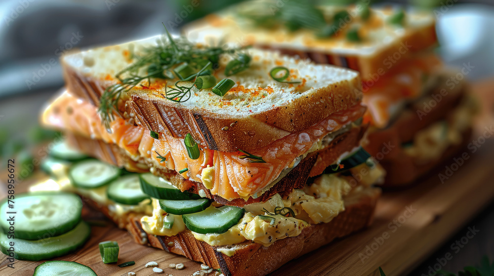 Healthy homemade red fish sandwich with cucumbers and scramble in cream ...