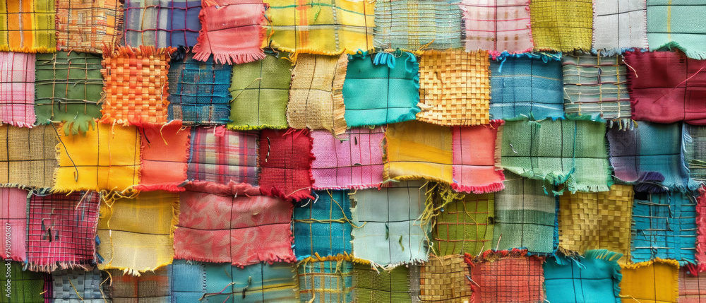 A colorful patchwork quilt made of different colored pieces of fabric ...