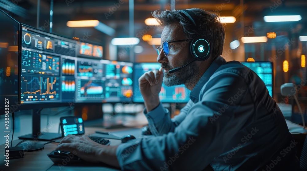 Cybersecurity analyst sitting at a desk in front of a computer. The ...
