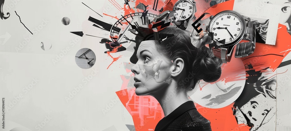 Concept of time management. Collage featuring a profile of a woman with ...