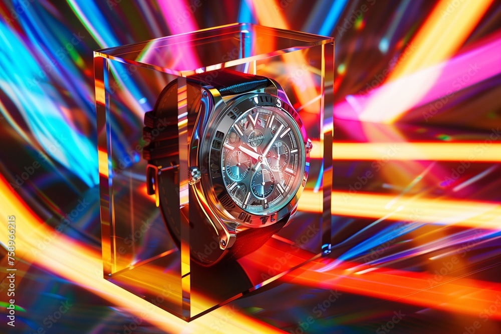 A modern watch in a lightbox of intersecting beams of light and color ...
