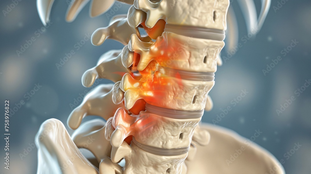 Lumbar spine illustration, focusing on the lower back, a common source ...