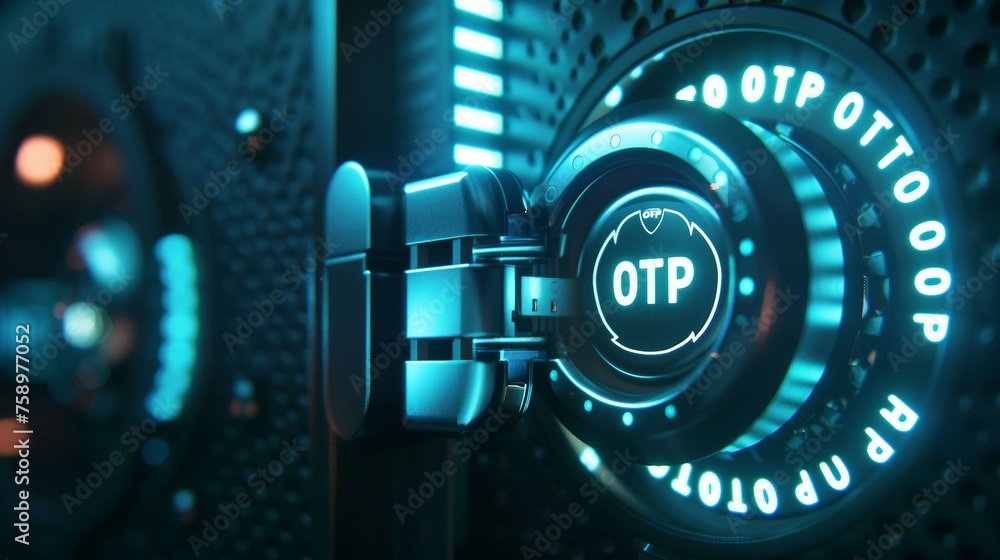 a banner design with the text OTP, with a rotating combination lock ...