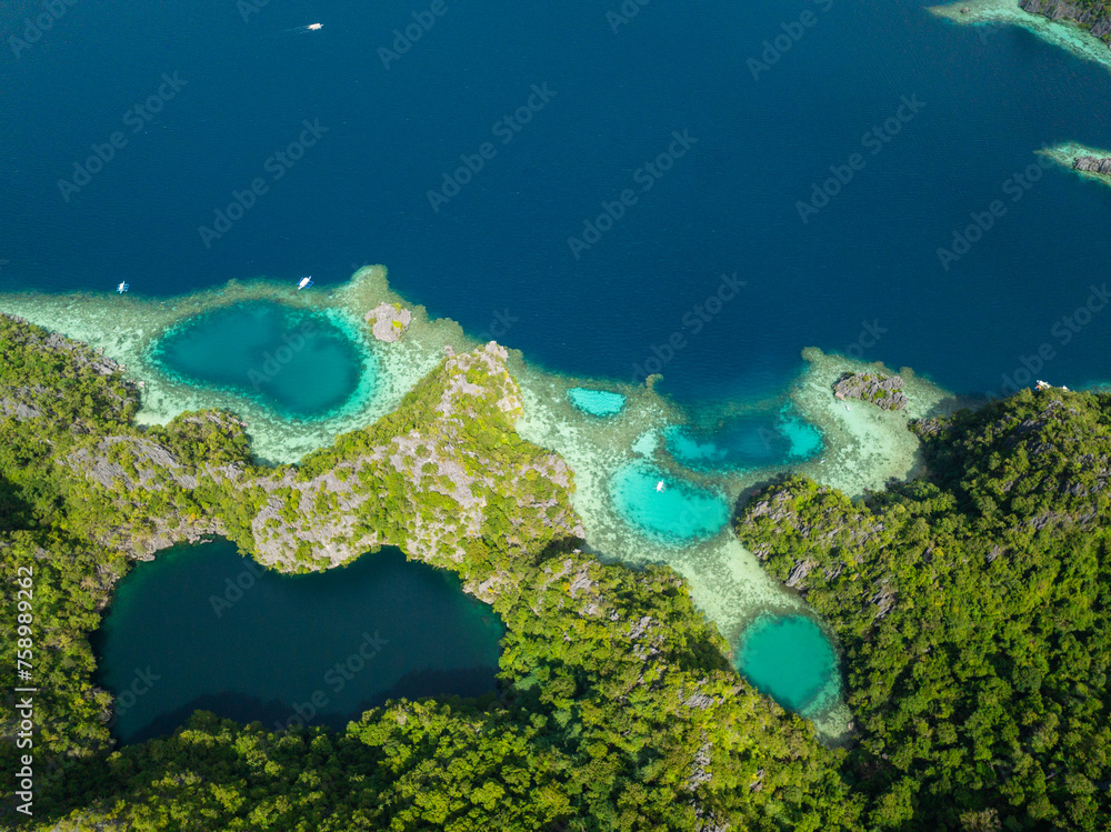 Hidden lagoon and Black Lake in Coron, view from above. Palawan ...
