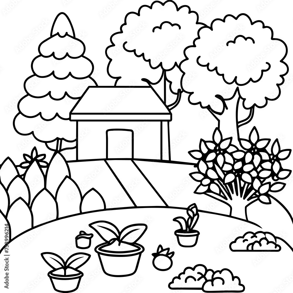 house drawing using only lines, line art to color and paint. Children's ...