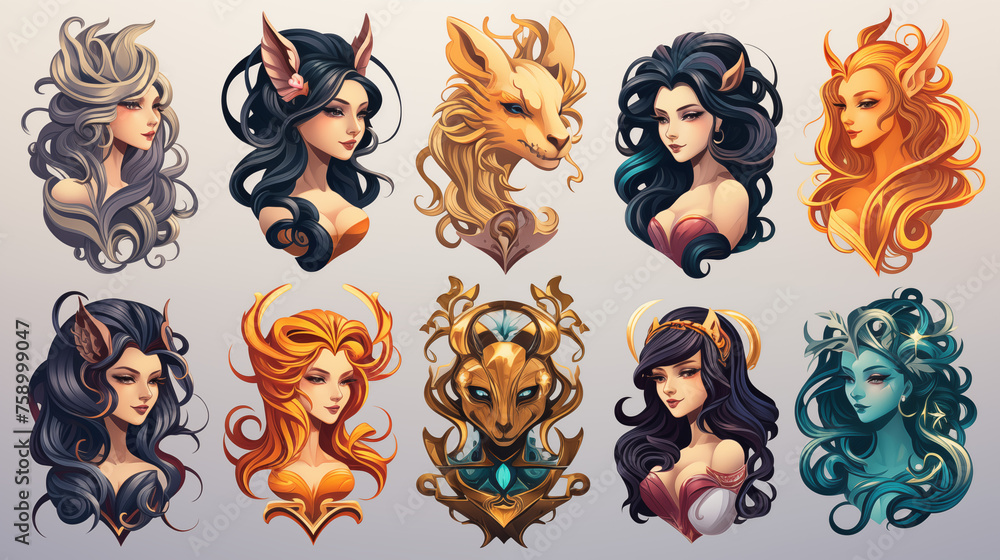 Enigmatic Female Portraits with Elemental Traits Stock Illustration ...