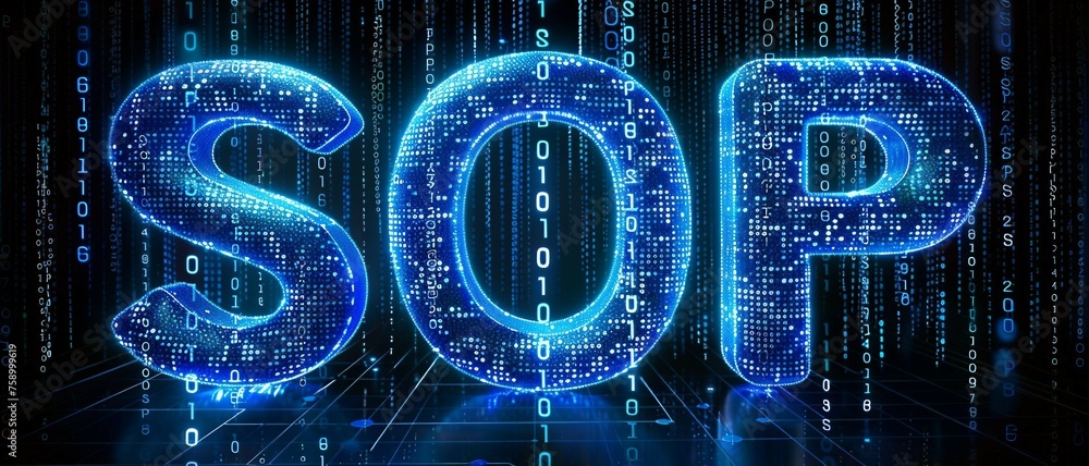 Digital blue matrix binary code forms the acronym SOP , symbolizing the ...