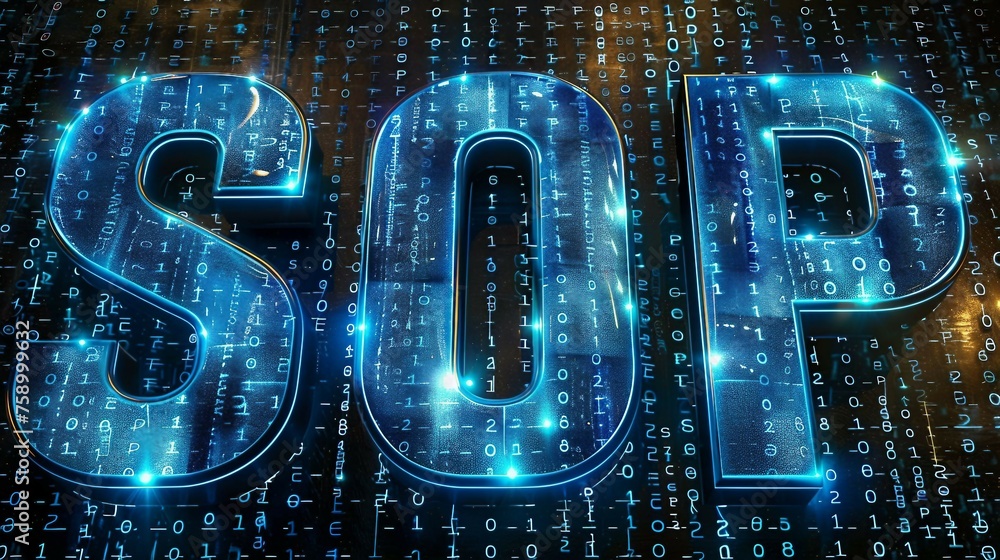 Digital blue matrix binary code forms the acronym SOP , symbolizing the ...