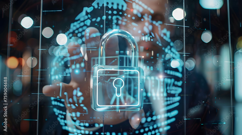 Hologram of security padlock and businessman behind, safety and data ...