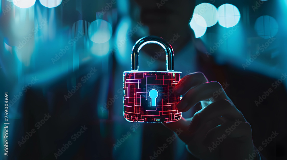 Hologram of security padlock and businessman behind, safety and data ...