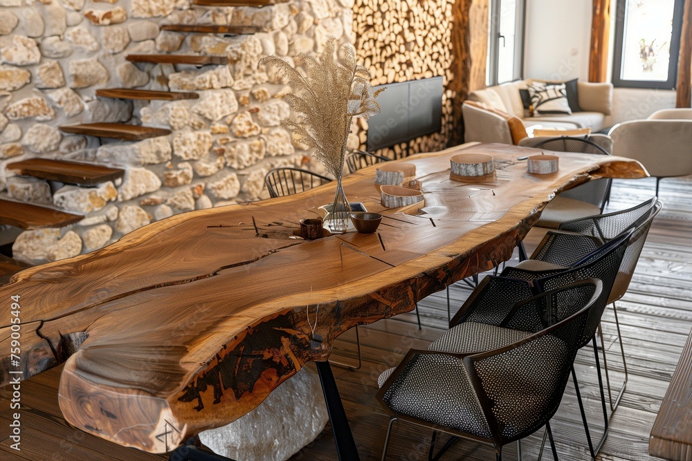 Rustic dining table crafted from natural aged wood slab resting on ...