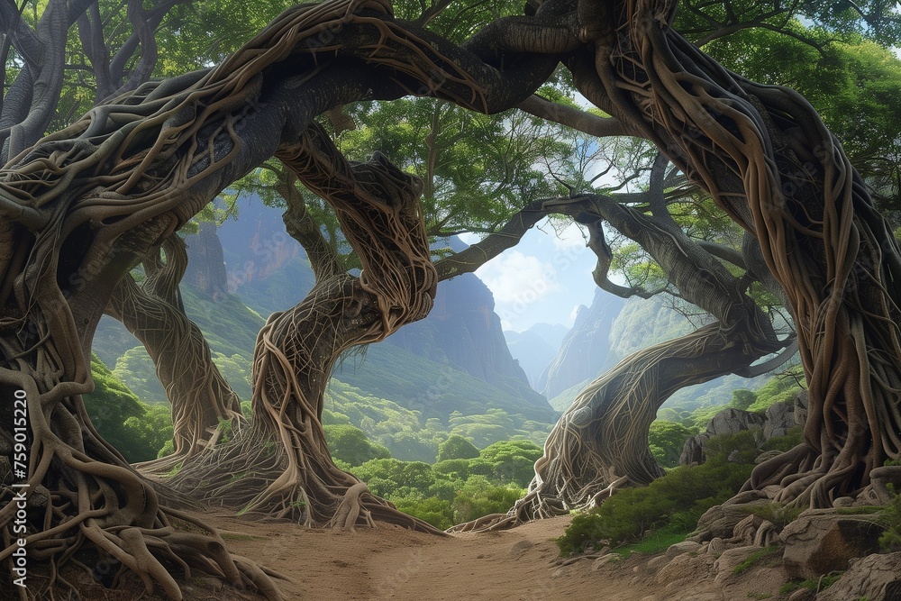 Trees with intertwined roots and branches forming natural archways in a ...