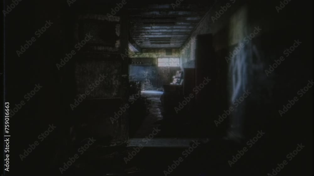 Walking In Spooky Place Derelict Wall Retro VHS Texture Tracking Shot ...