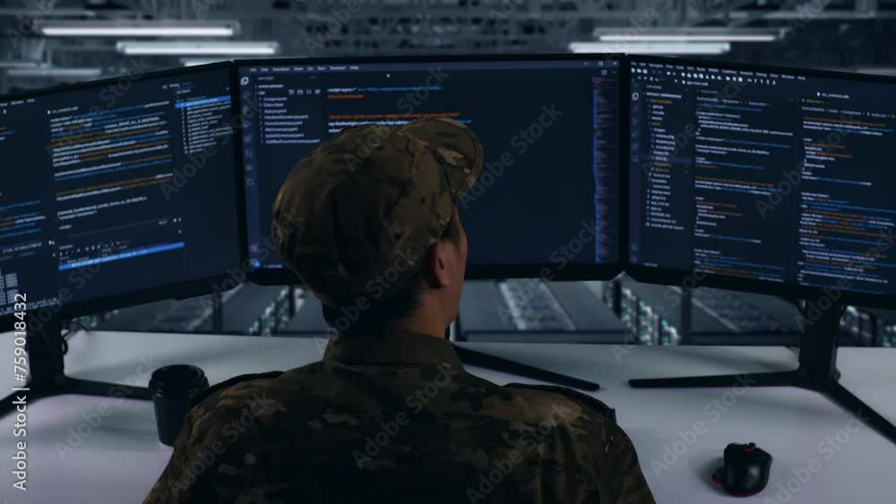 Back View Of Tired Asian Military Yawning Before Sleeping While Write Code With Multiple ...