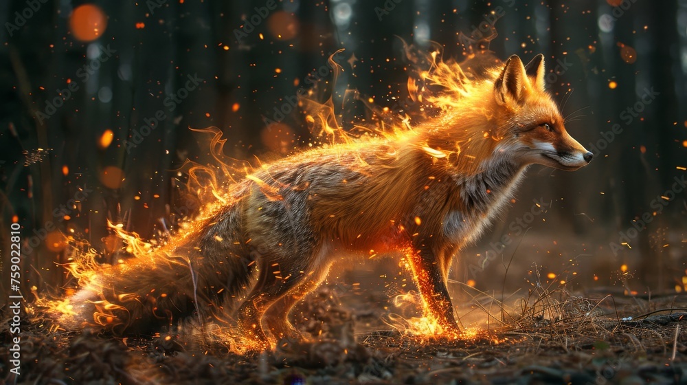 An enigmatic fox, cloaked in wildfire, stands in the woods, surrounded ...