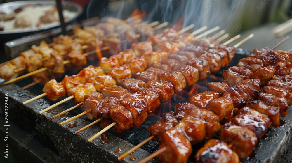 Mouthwatering chicken skewers cook to perfection over an open flame ...