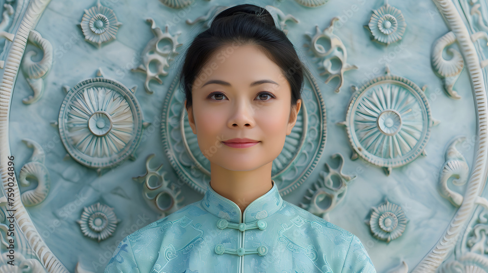 A poised woman in traditional light blue Chinese attire stands before ...