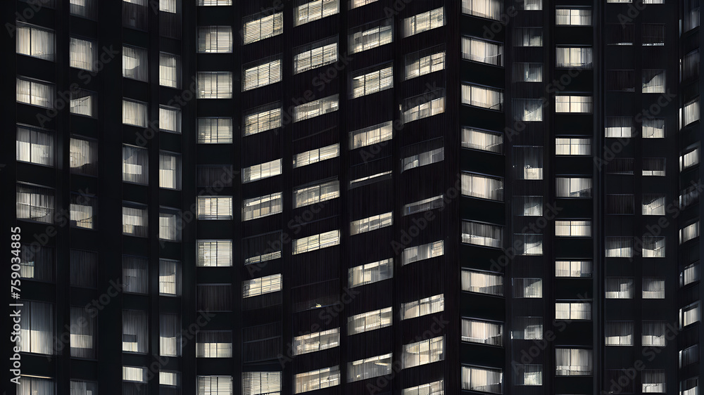 Seamless skyscraper facade with windows and blinds at night. Modern ...
