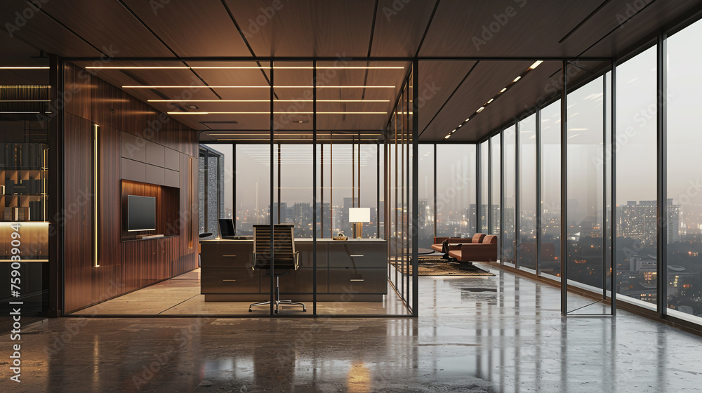 Corner of the workplace interior with desk, cabinet, conference room ...