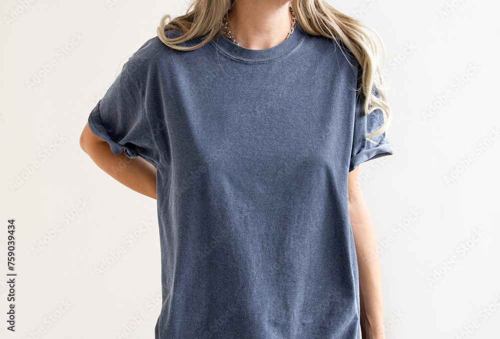 Girl Denim Blue t shirt template. Model in blue Tshirt Mock Up. Woman ...