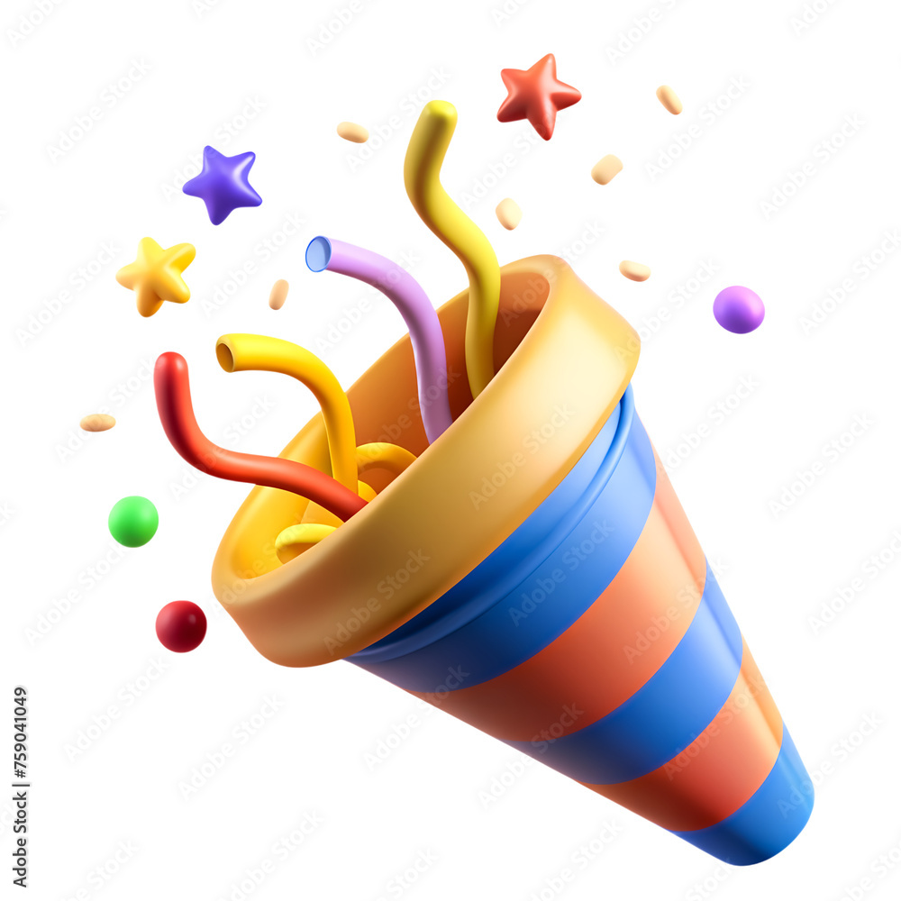 3d party popper with confetti coming out of it isolated on transparent ...