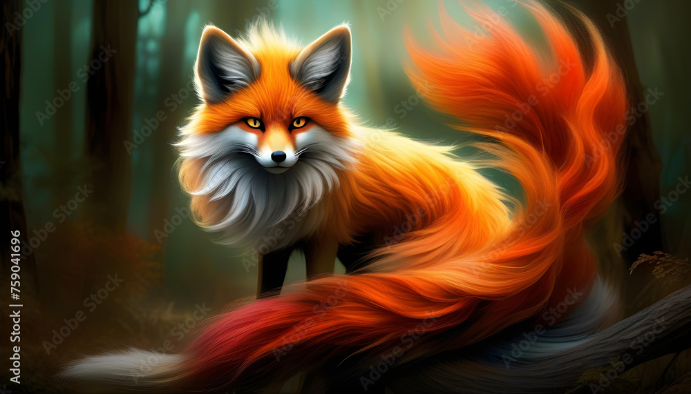 A digital painting of a kitsune with nine tails in a post-apocalyptic ...