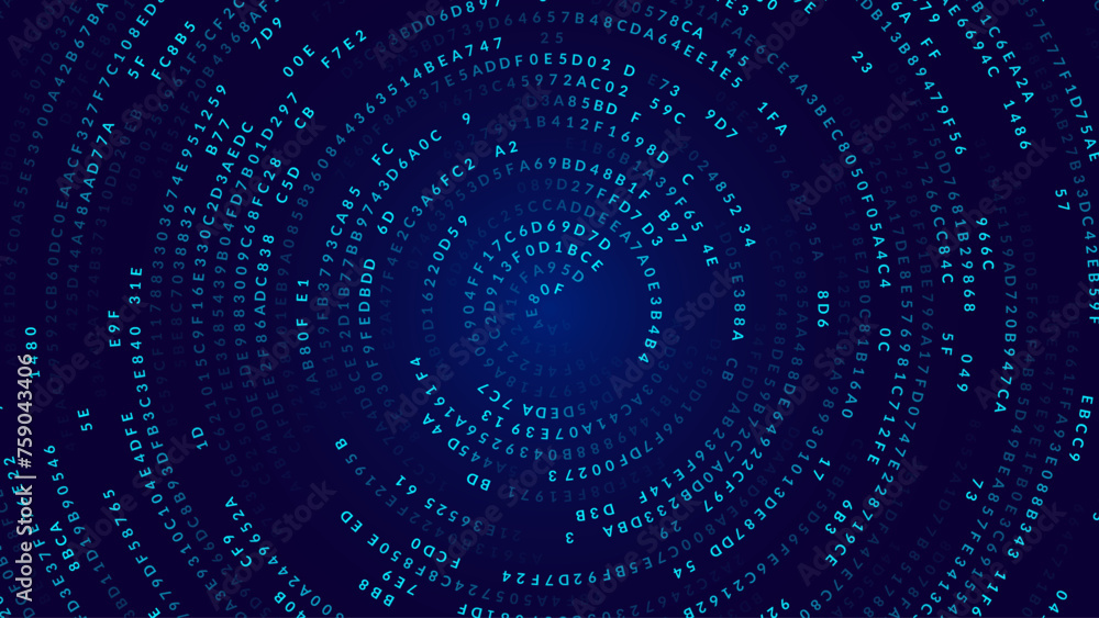 Blue Abstract Matrix Vortex Technology Background. Binary Computer Code Dynamic Spiral ...