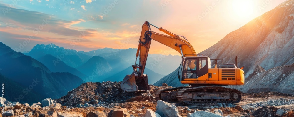 excavator loads heavy stone at rocks construction site. Stock Photo ...
