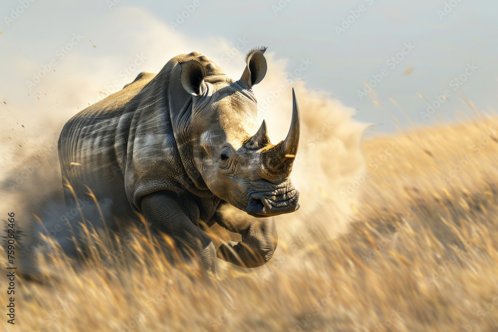 A rhino is running through a field of tall grass. The rhino is covered ...