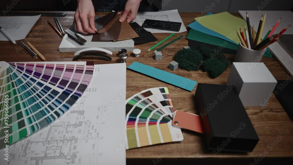 An unrecognizable female architect works in a design studio, developing ...