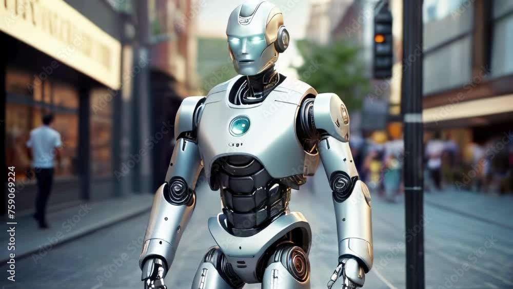 Advanced humanoid robot with glowing eyes in urban settings. Modern white robot android walks ...