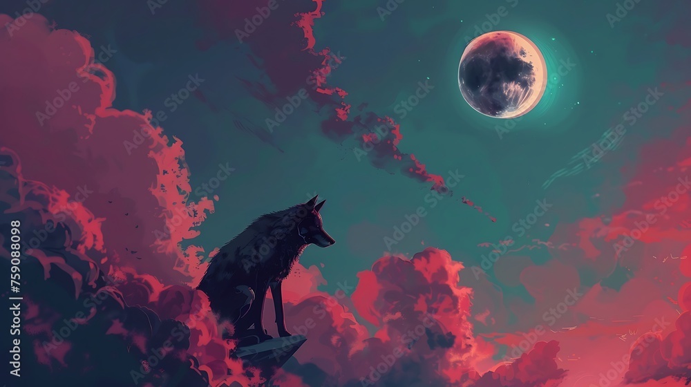 an AI image with a wolf in a minimalist flat style, gazing at a solar ...