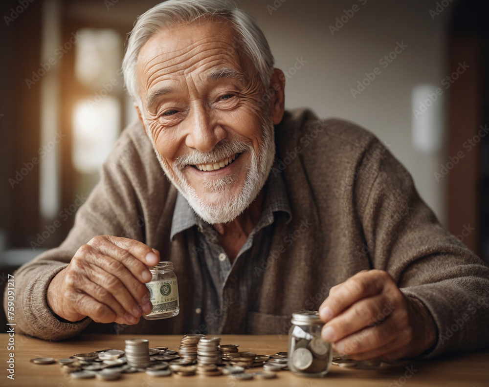 Smiling old man counting his savings. Old man in the pandemic counts ...