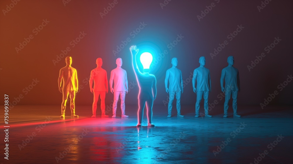 3d human figure with glowing light bulb instead of a head raising hand ...